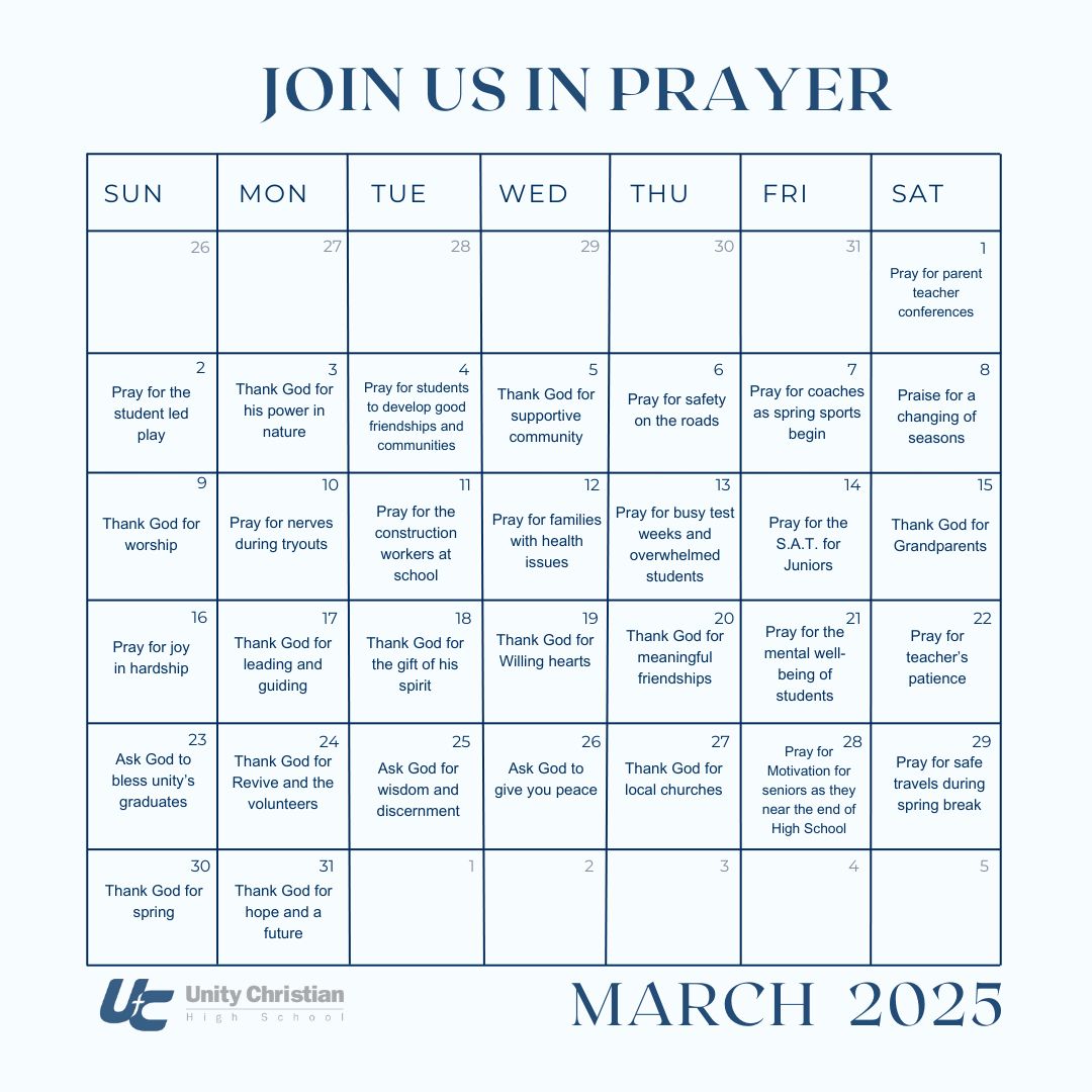 March Prayer Calendar – Unity Christian High School